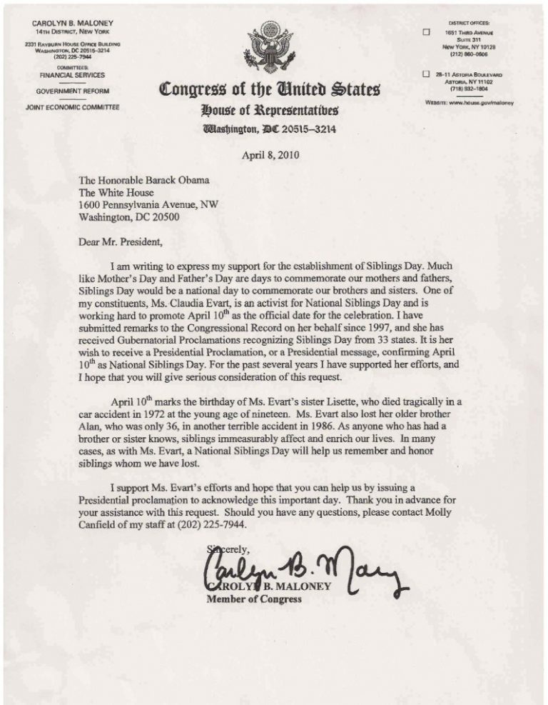 Congressional Support Letters Gallery – Siblings Day Foundation